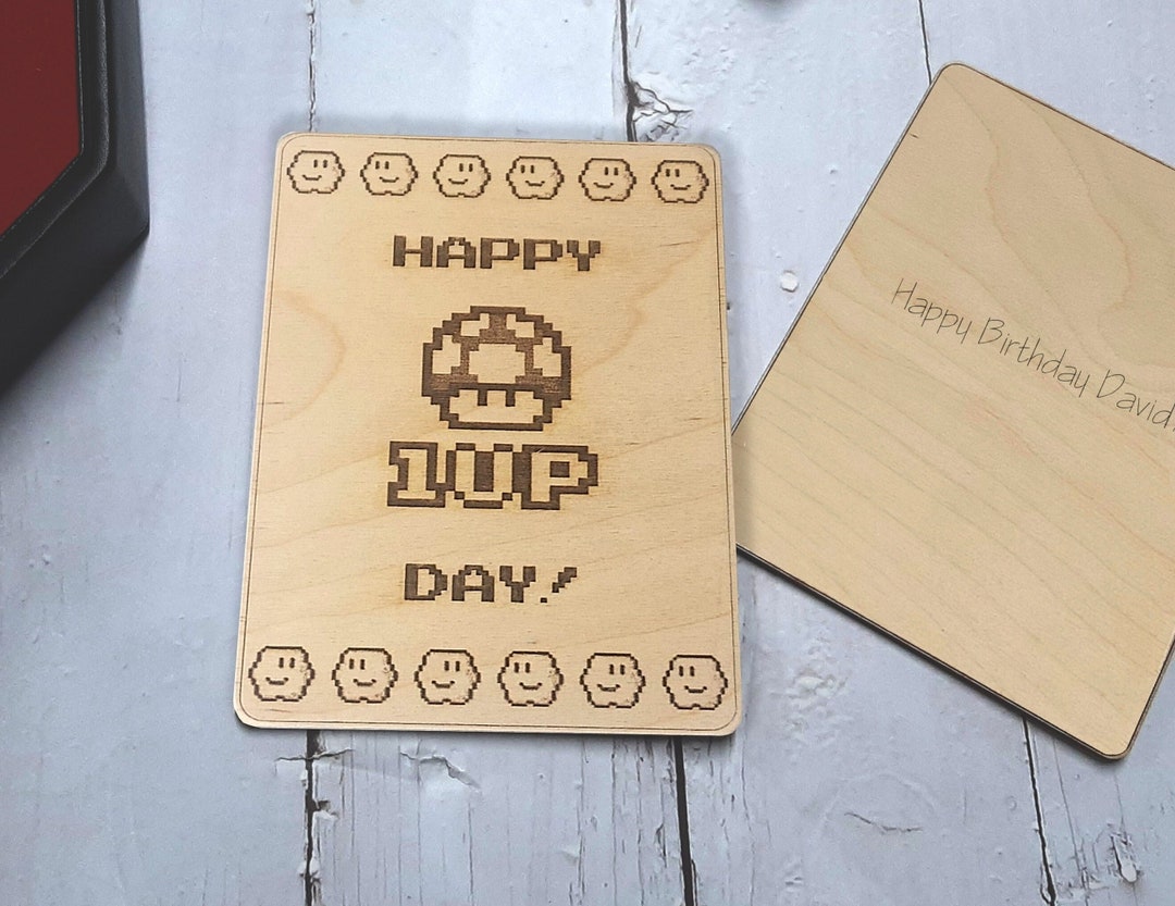 Gamer Birthday Card - Engraved Wood With Retro 8-bit Mushroom 1UP Pixel ...