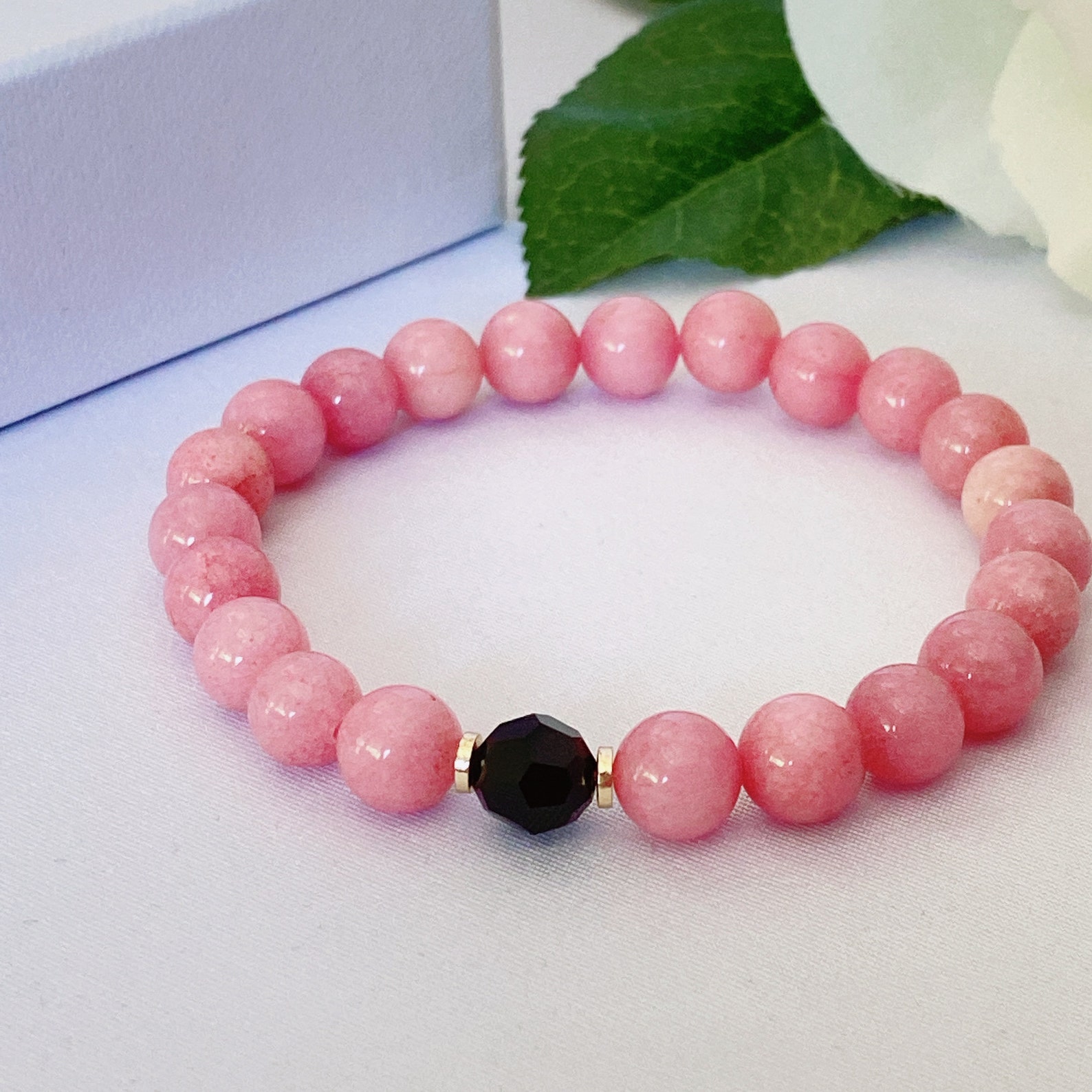 Pink Jade Bracelet, Woman Bracelet, Black Crystal, Gift for Mother's ...