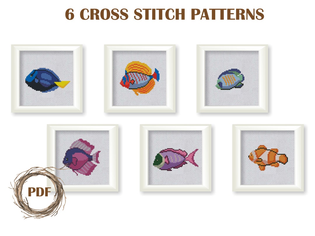 Set of 6 Colorful Fish Cross Stitch Pattern PDF, Easy Counted Cross ...