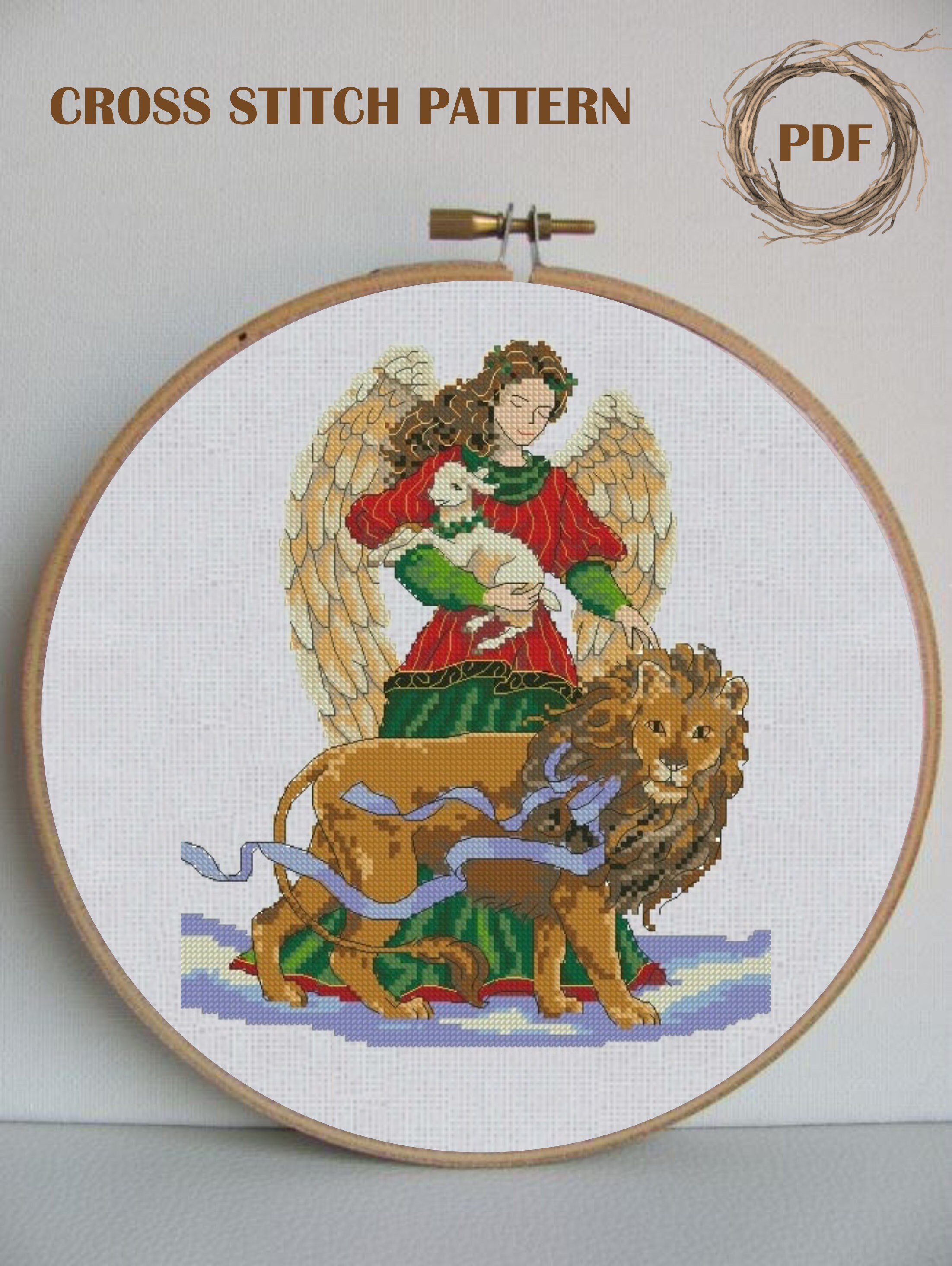Angel Cross Stitch Pattern PDF Angel and Lion Counted Cross | Etsy
