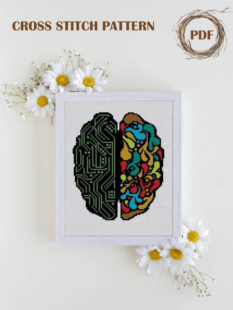 Brain Cross Stitch Pattern PDF, Microchip Brain Modern Cross Stitch ...