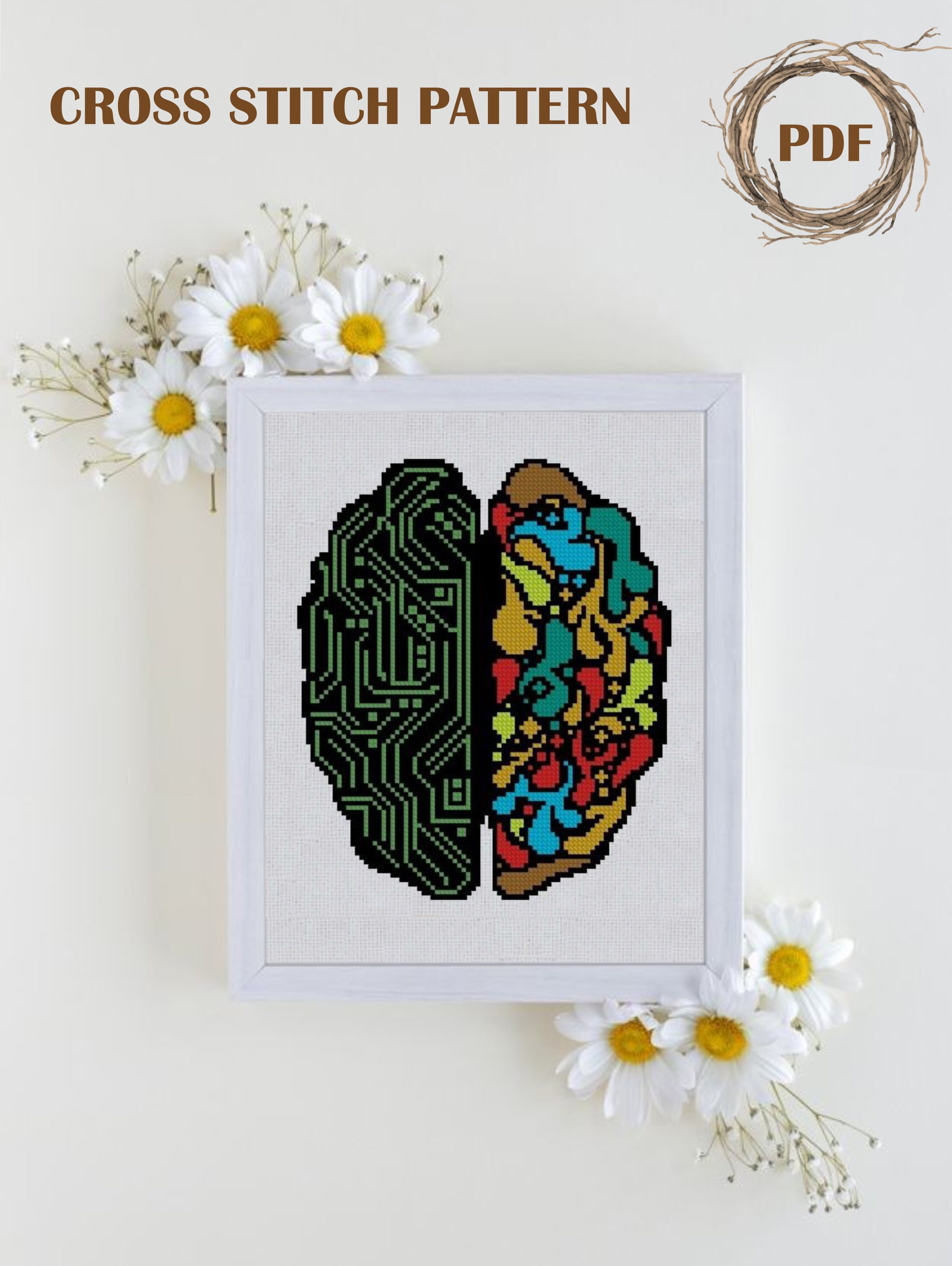 Brain Cross Stitch Pattern PDF, Microchip Brain Modern Cross Stitch ...