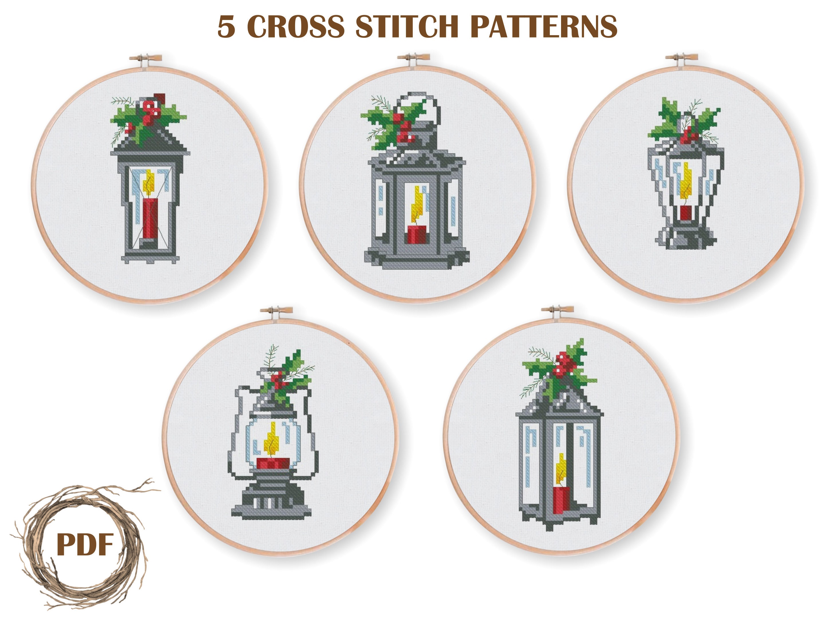 Christmas Lanterns Set of 5 Cross Stitch Pattern PDF, Lantern Counted ...