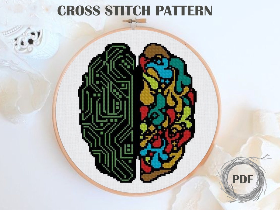 Brain Cross Stitch Pattern PDF, Microchip Brain Modern Cross Stitch ...