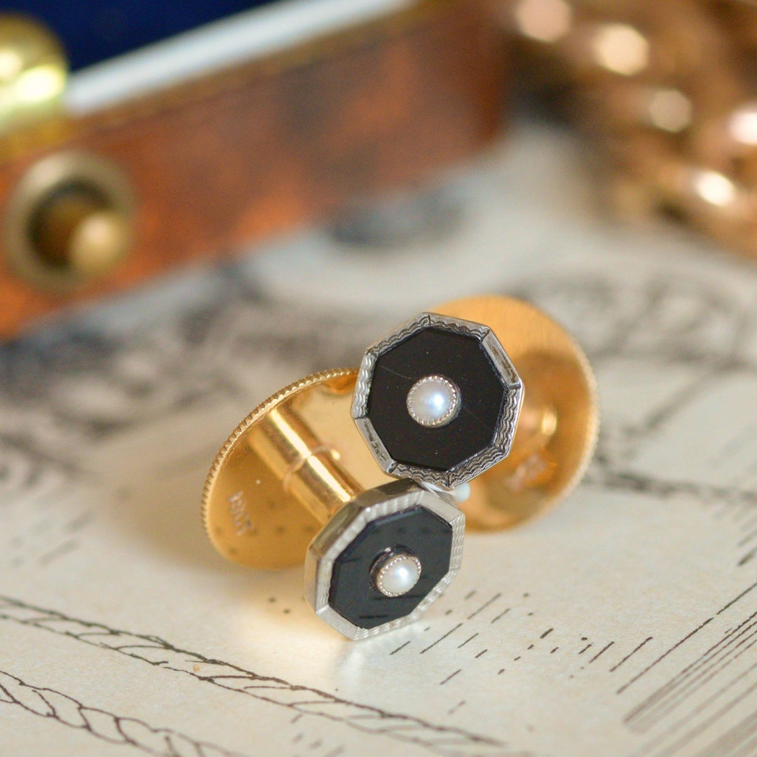 Art Deco Onyx & Pearl Collar Studs in 9ct Gold, Antique C1920s, Men's ...