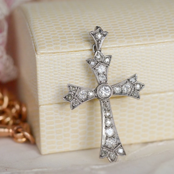 Antique Diamond-Set Cross in Sterling Silver, Art Dec… - Gem