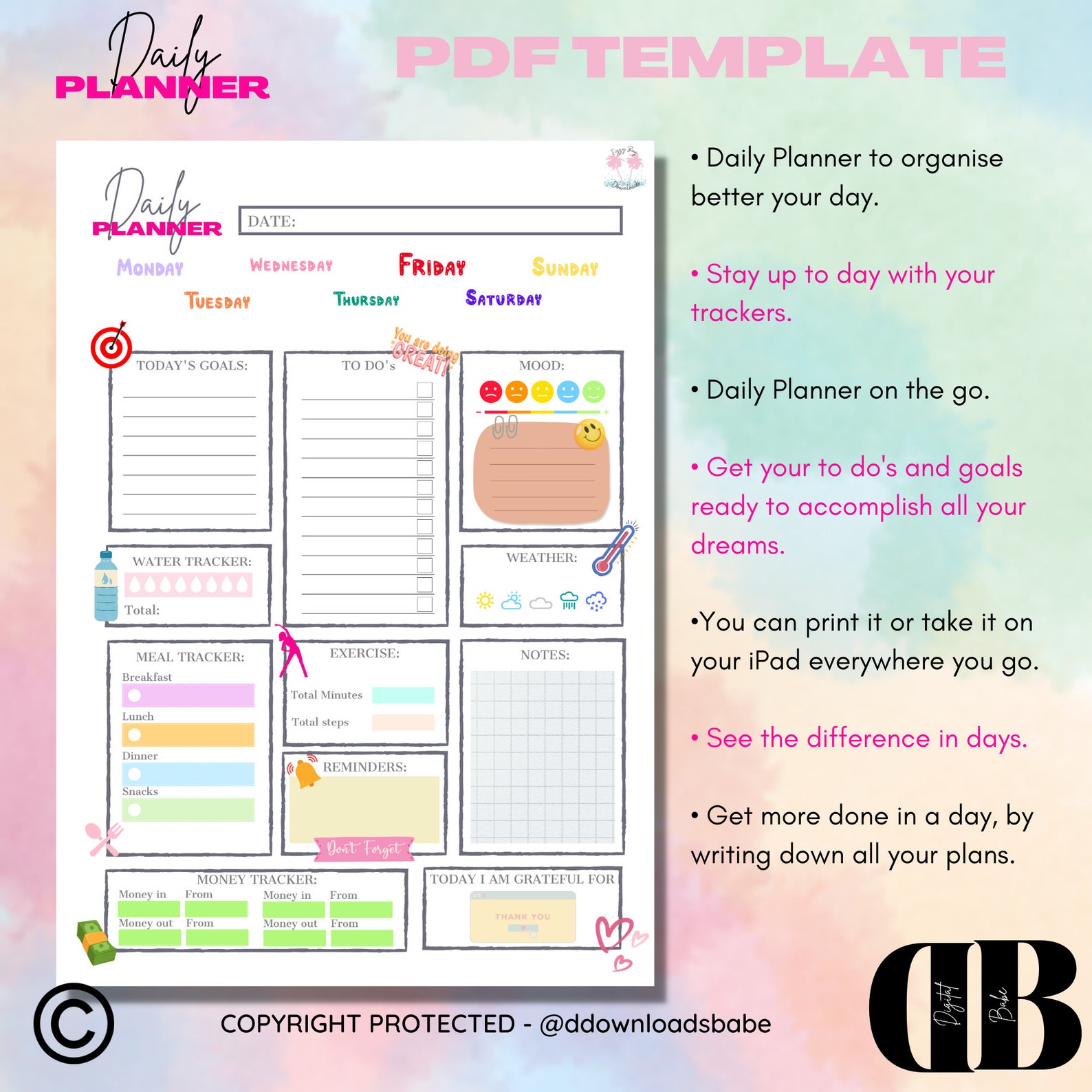 Daily PLANNER Template PDF to Print or for Goodnotes. Paperless ...