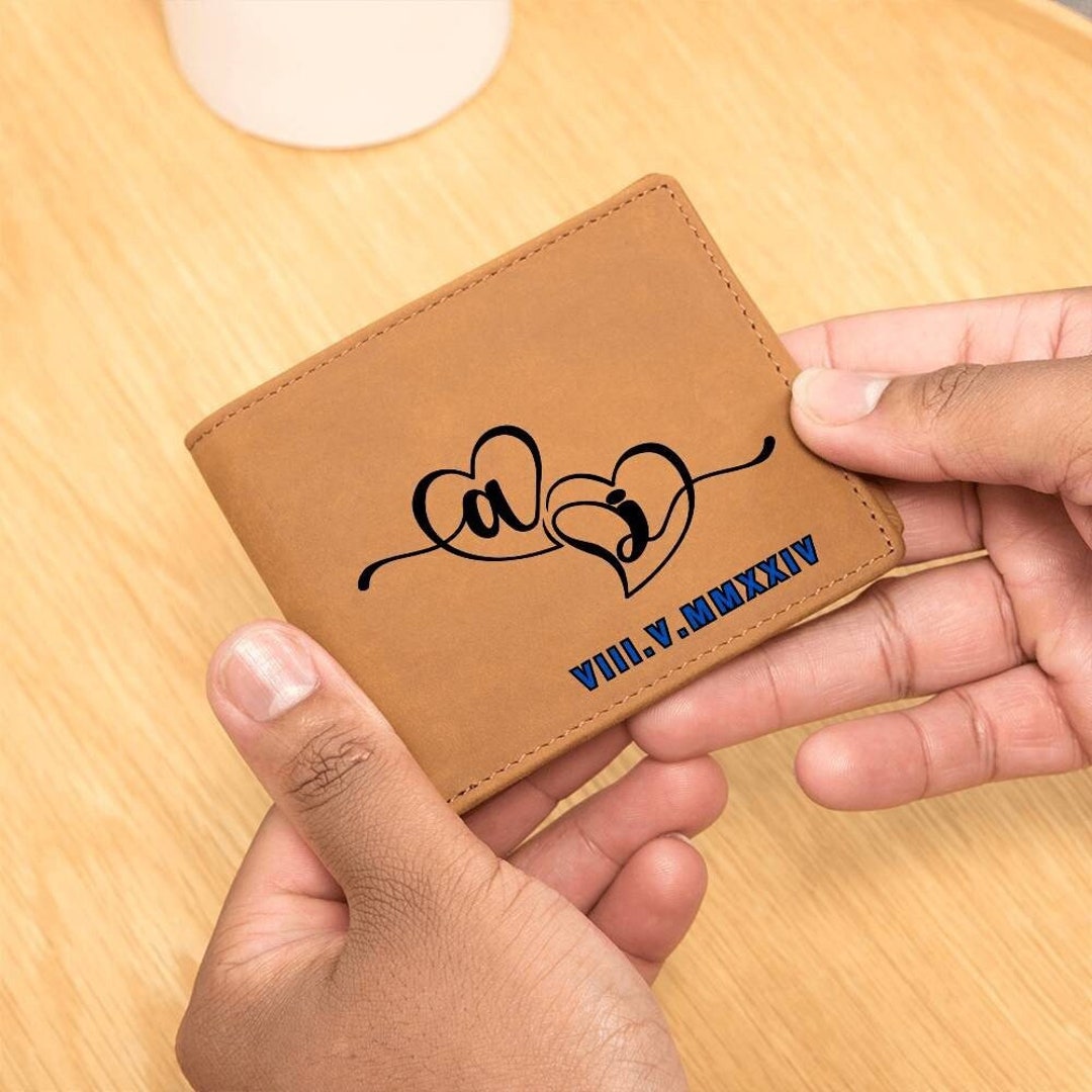 2nd Anniversary Gift for Him Full Grain Leather Personalized Mens Slim ...