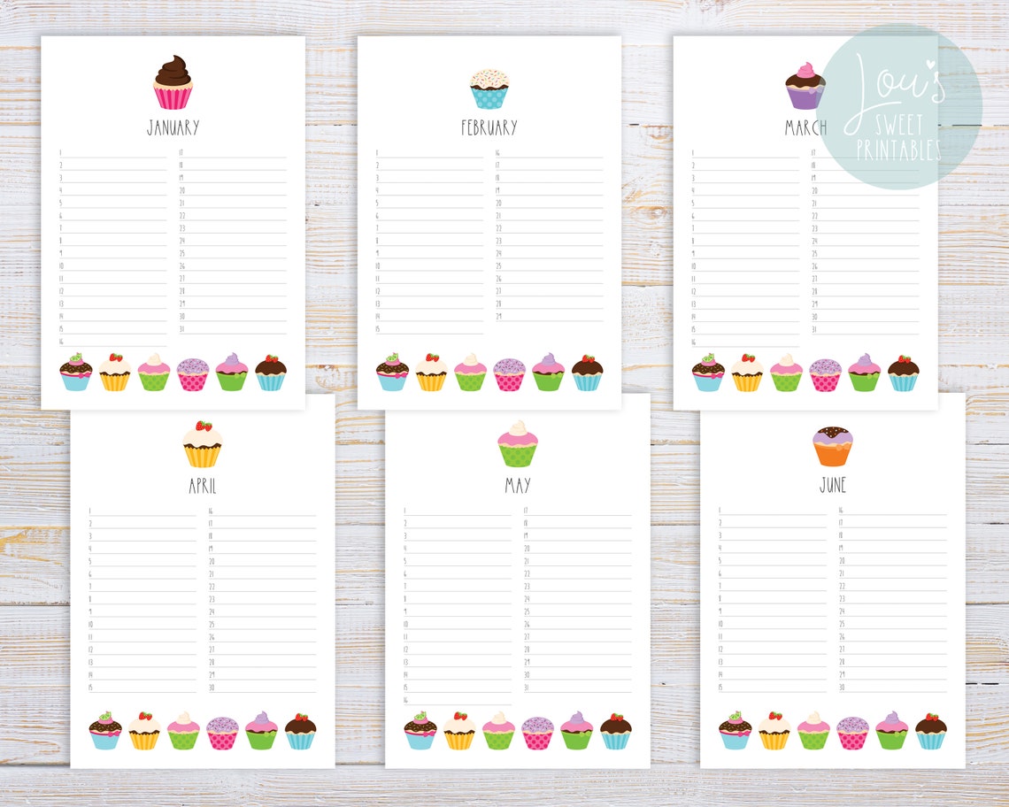 Cupcake Birthday Calendar Printable: Perpetual Annual Events (PDF) - Etsy