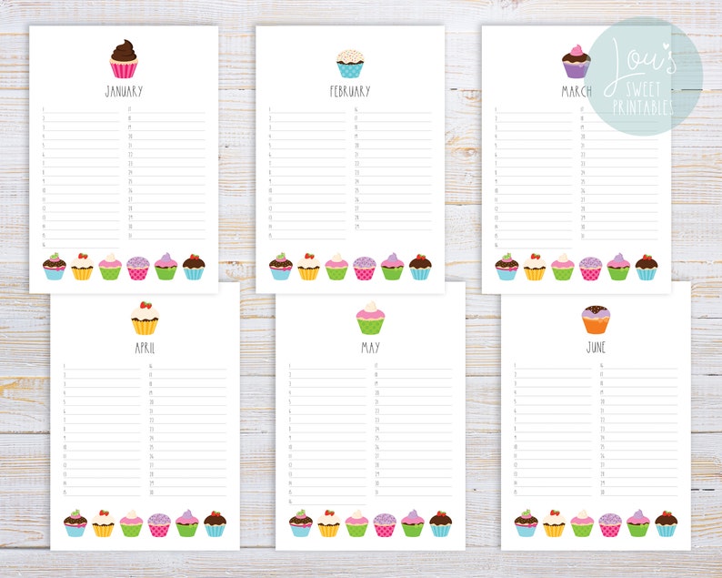 Cupcake Birthday Calendar Printable: Perpetual Annual Events (PDF) - Etsy