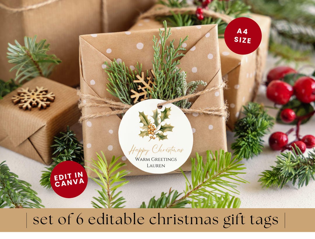 Editable Christmas Gift Tags, 2" Round Favor Label, Editable Canva ...