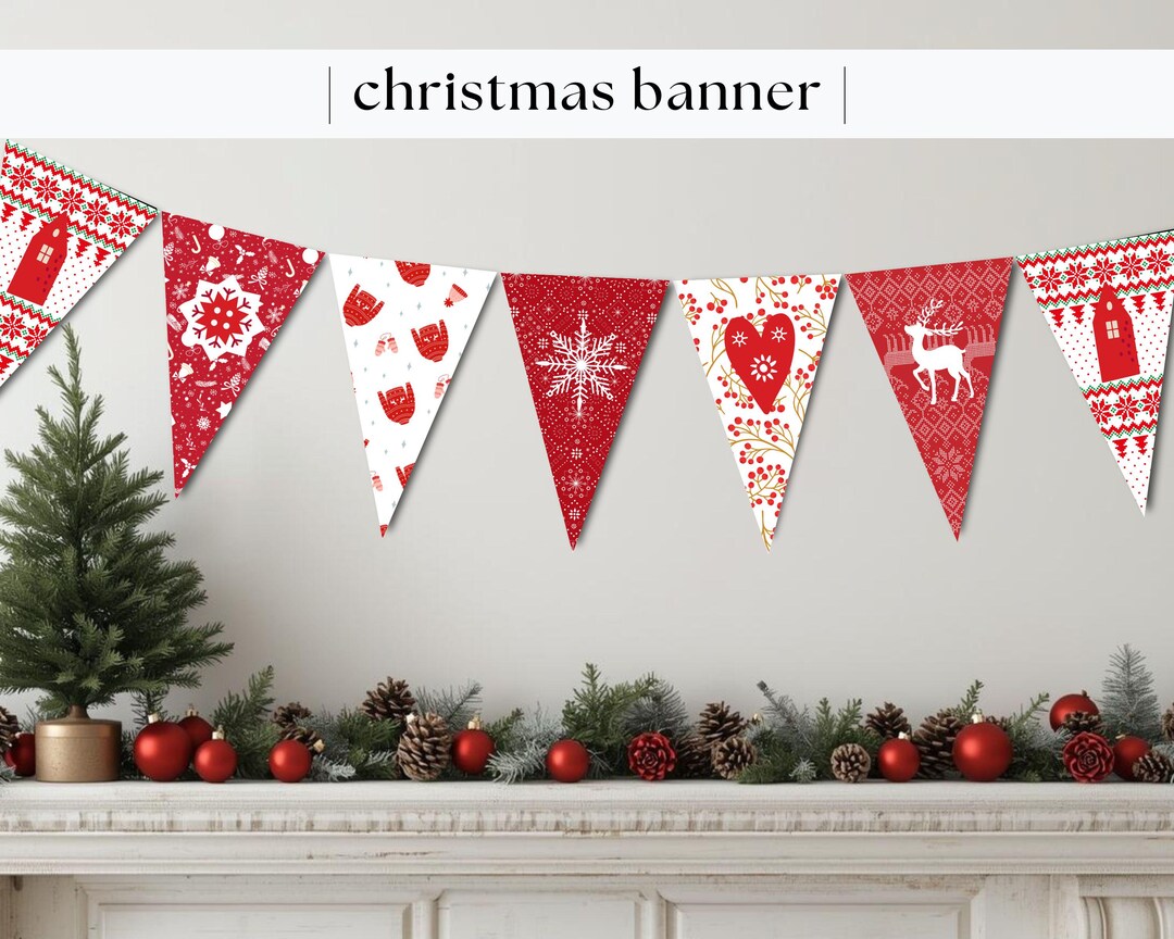 Nordic Christmas Banner Printable, Red and White Scandi Garland, Flag ...