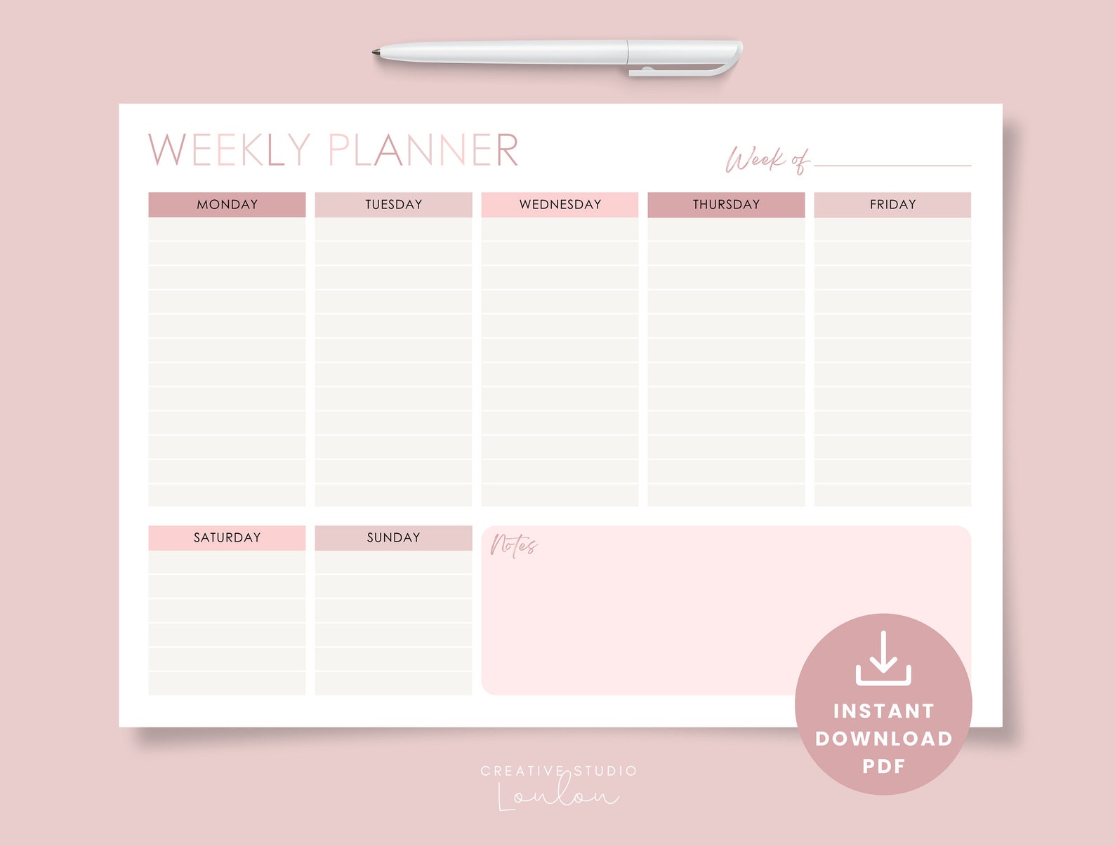 Pink Weekly Planner Printable: A4/A3 Landscape Organizer (digital ...