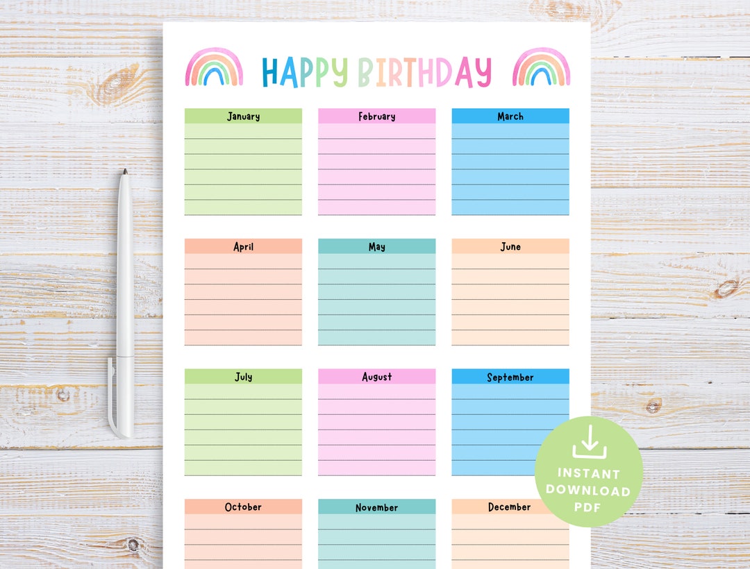 Rainbow Birthday Calendar Printable: Classroom Birthday Tracker (PDF ...
