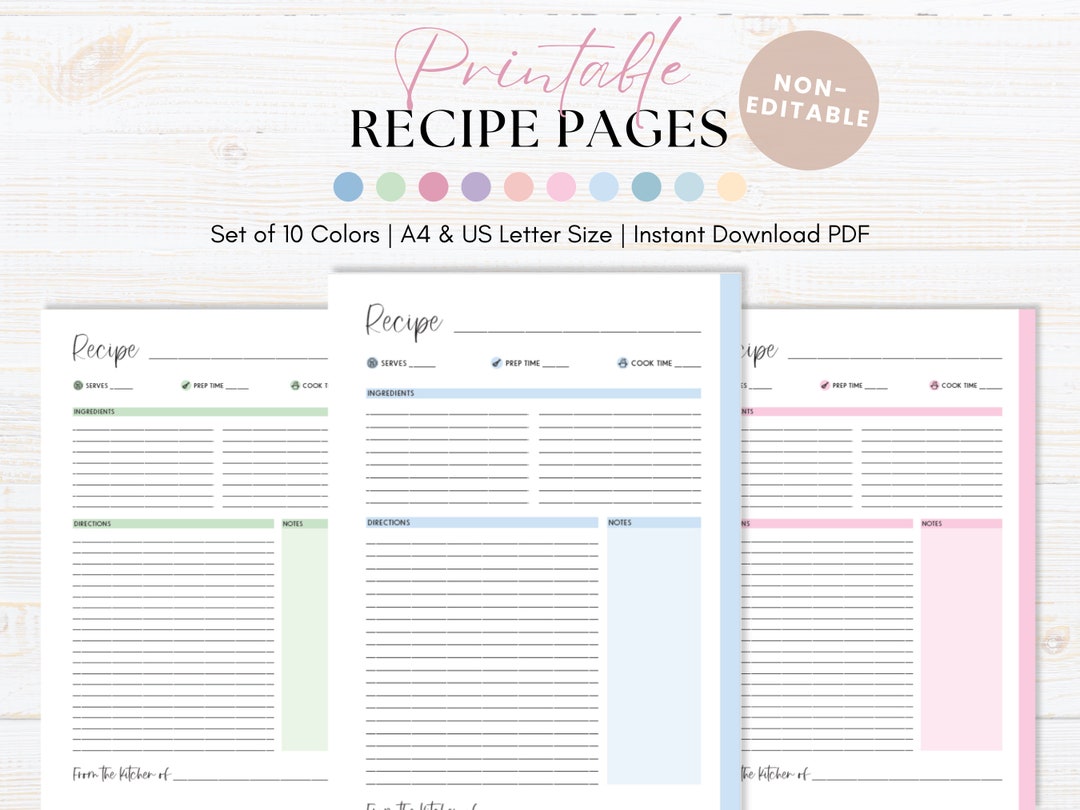 Recipe Page Printable Recipe Card for Handwritten Recipe Book Family ...