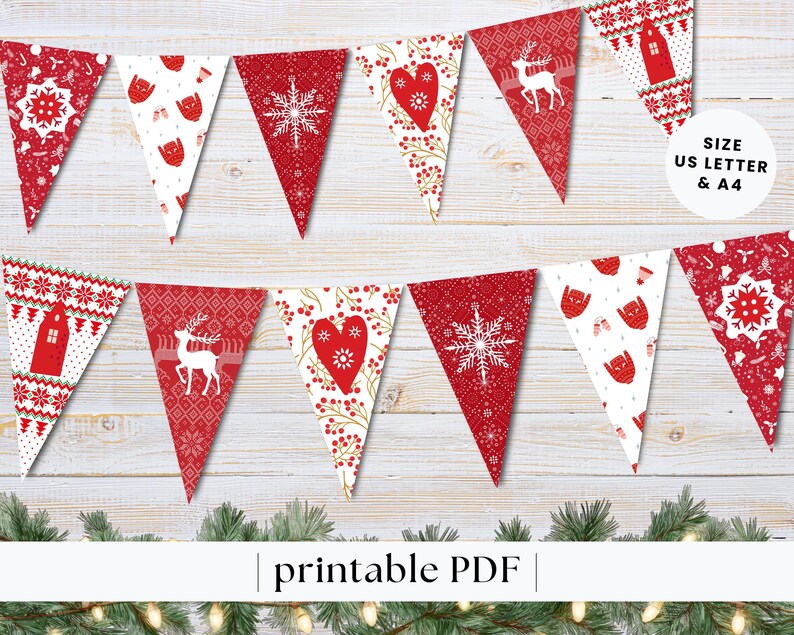 Nordic Christmas Banner Printable, Red and White Scandi Garland, Flag ...