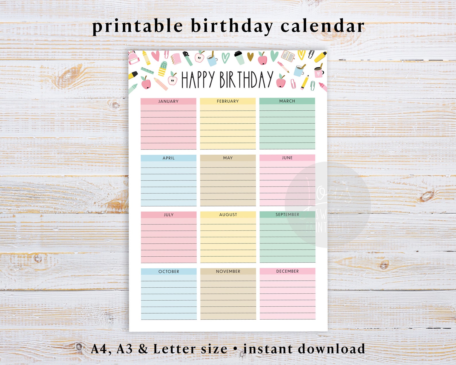 Classroom Birthday Calendar Printable: Teacher Birthday Tracker (PDF ...