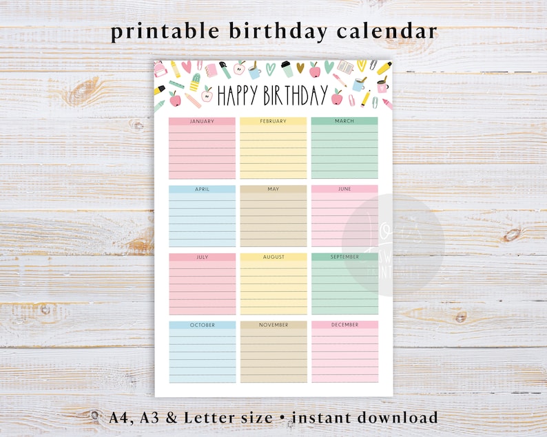 Classroom Birthday Calendar Printable: Teacher Birthday Tracker (PDF ...
