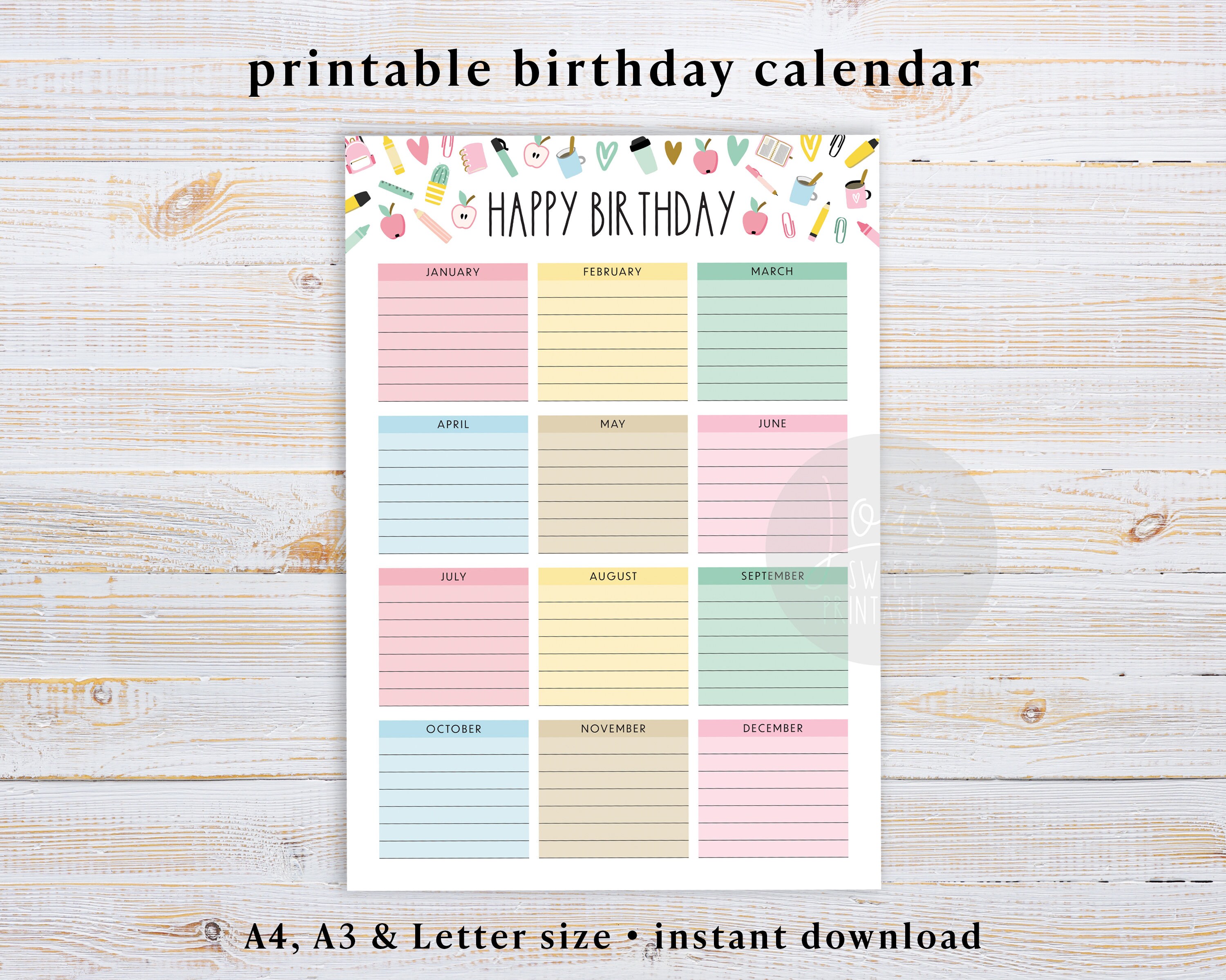Birthday Calendar Printable Kids Birthday Tracker Printable Birthday ...