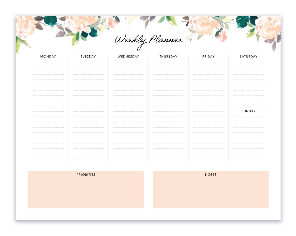 Weekly Planner Printable Daily Organizer Floral Peach Peony Weekly ...