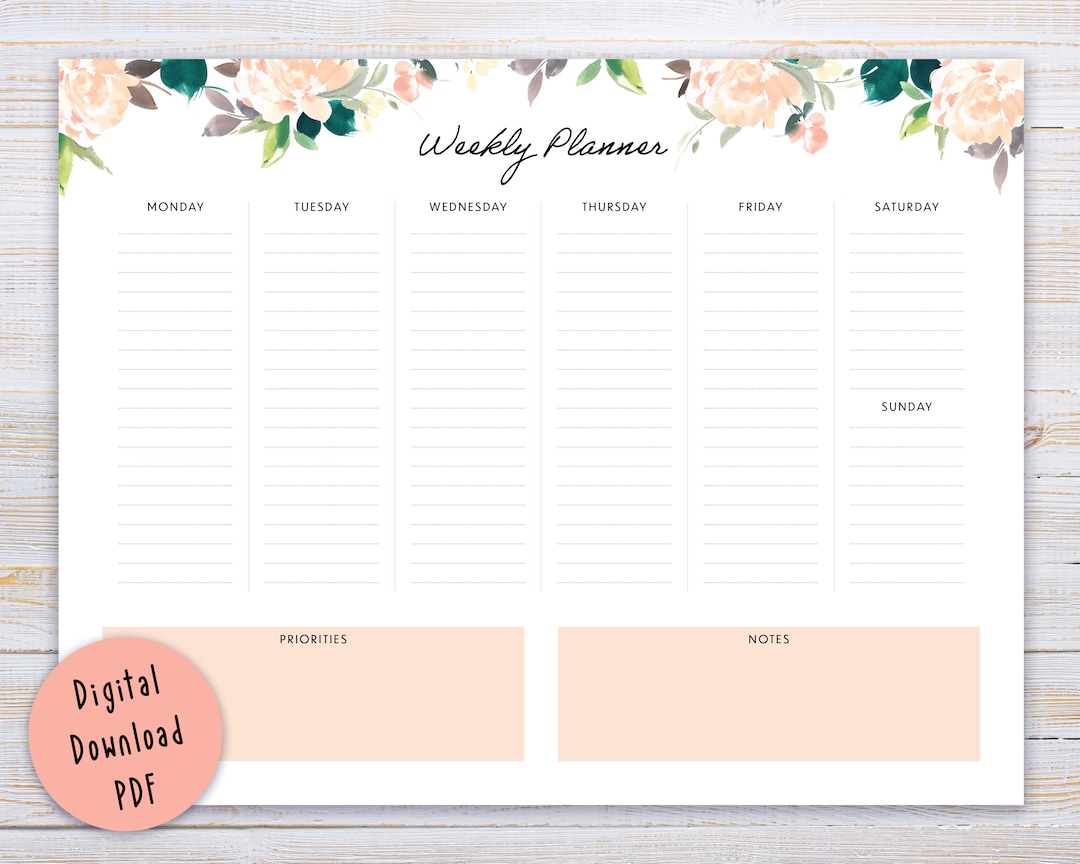 Weekly Planner Printable Daily Organizer Floral Peach Peony Weekly ...