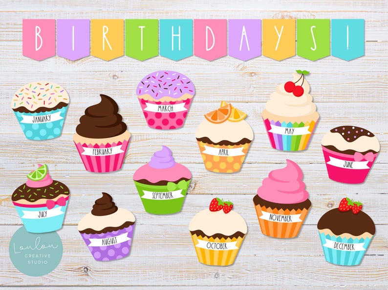 Birthday Board Rainbow Cupcake Birthday Bulletin Board Display Kids ...