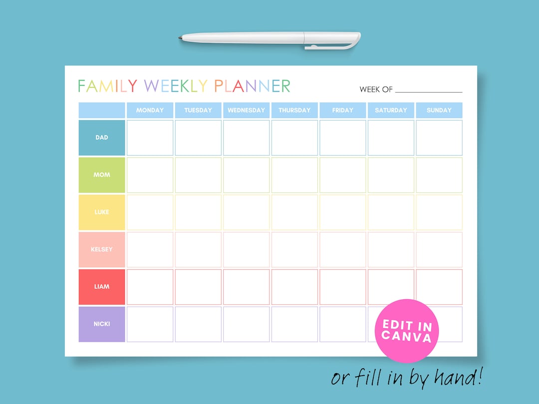 Weekly Schedule for Family Weekly Planner Printable for Family Weekly ...