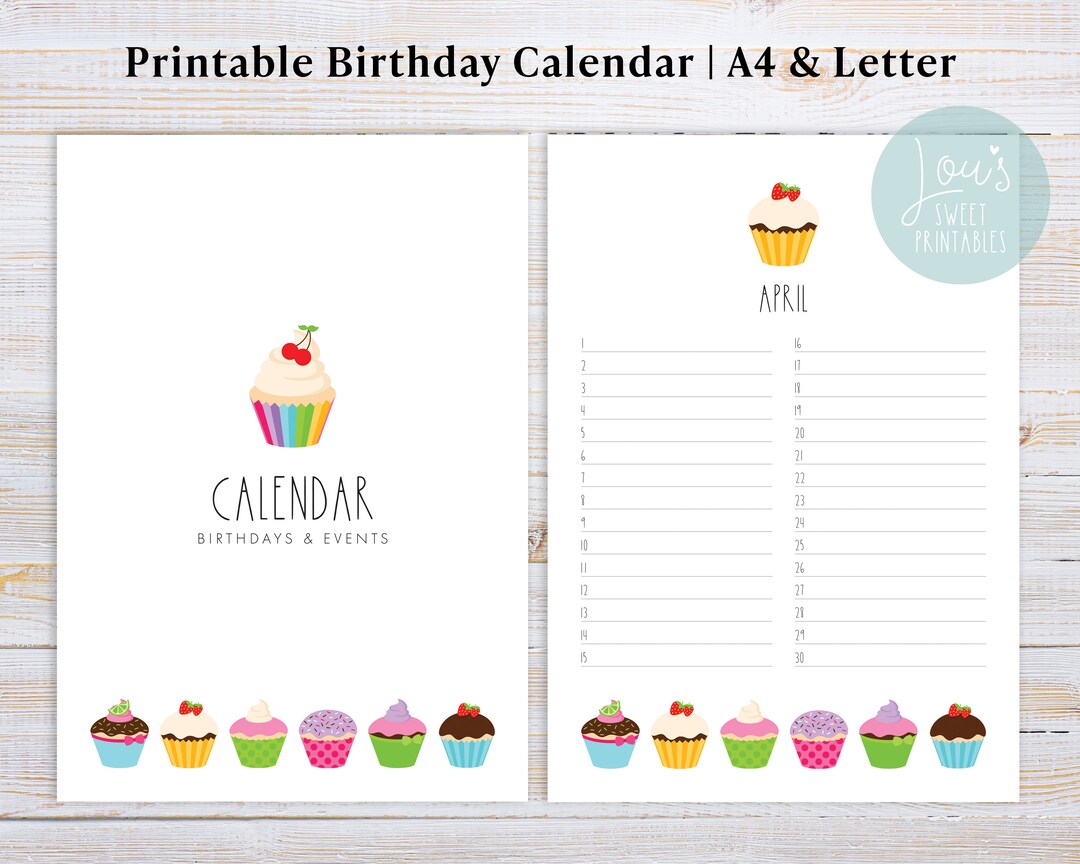 Cupcake Birthday Calendar Printable: Perpetual Annual Events (PDF) - Etsy