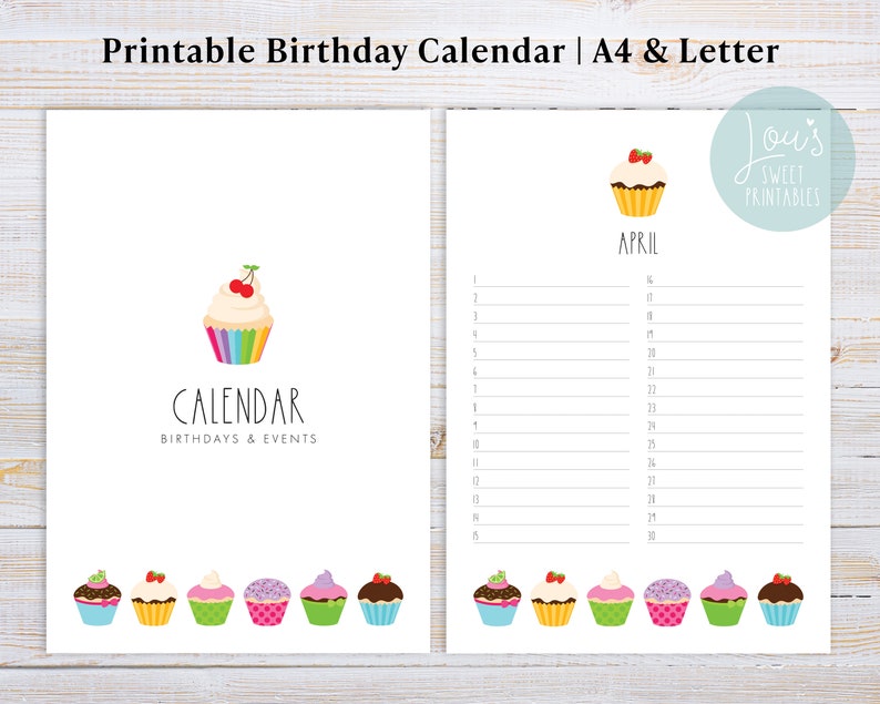 Cupcake Birthday Calendar Printable: Perpetual Annual Events (PDF) - Etsy
