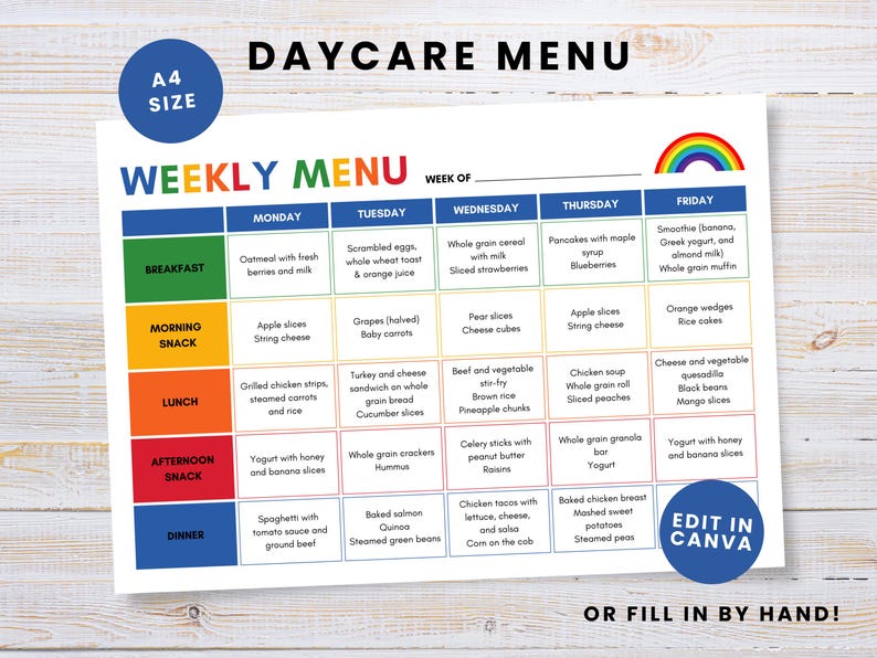 Daycare Weekly Menu Planner: Rainbow A4 Printable (canva Template) - Etsy