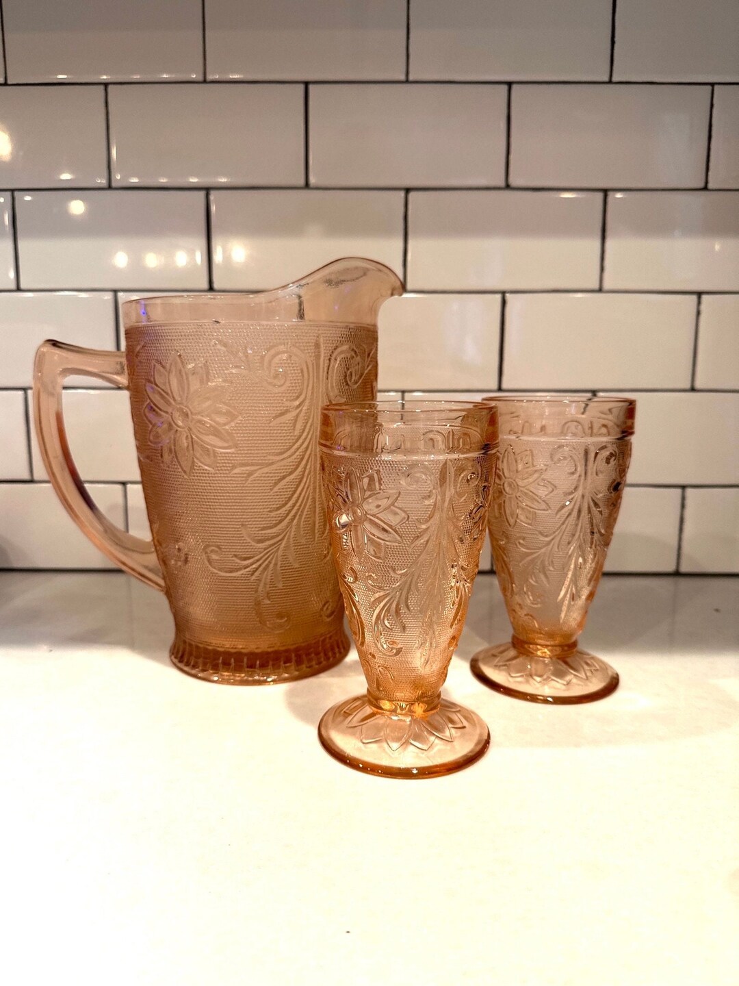 Vintage Tiara Indiana Glass Peach Pink Sandwich Glass 64oz Pitcher & 2 ...