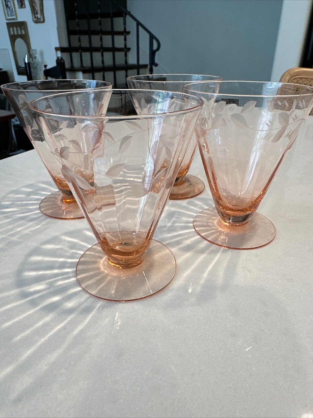 Set of 4 Vintage Pink Etched Depression Glass Footed Cordial Glasse 2. ...