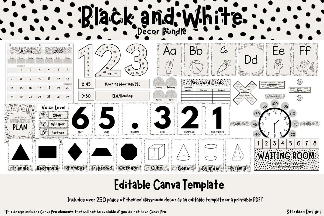 Black and White Classroom Decor Bundle | Editable Canva Template - Etsy