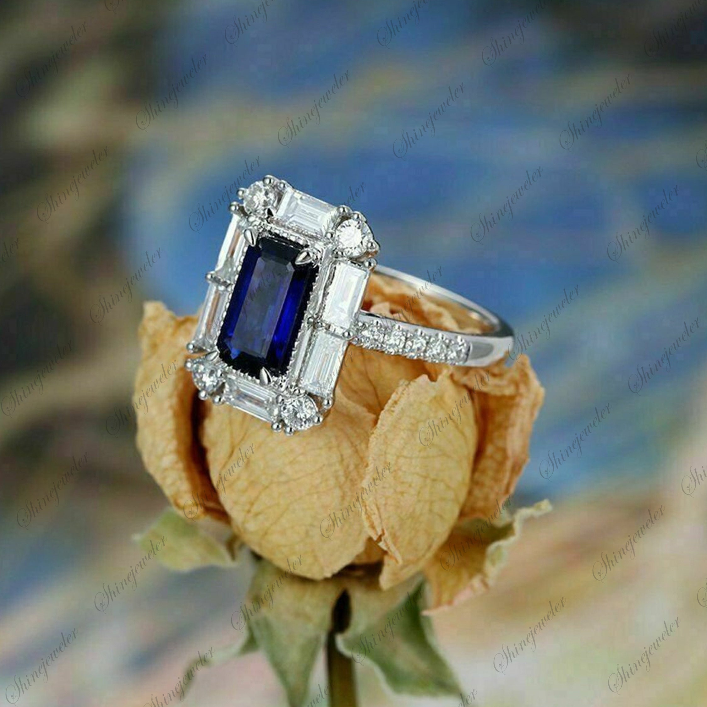 Art Deco Ring 2 Ct Emerald Cut Diamond Ring White Gold | Etsy