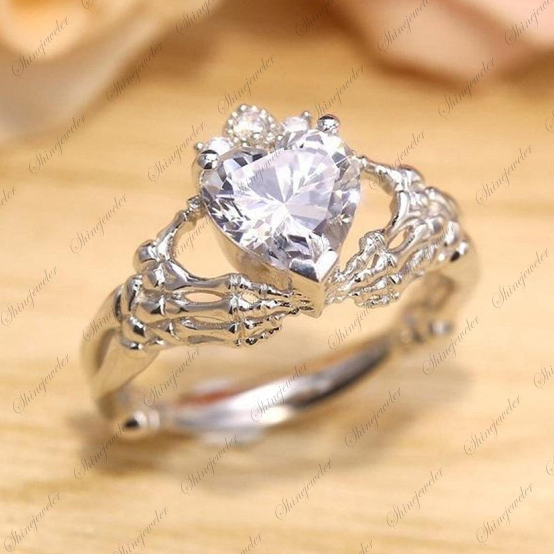 Skull Claddagh Ring | Goth Heart Ring | Skull Hand Holding Heart ...