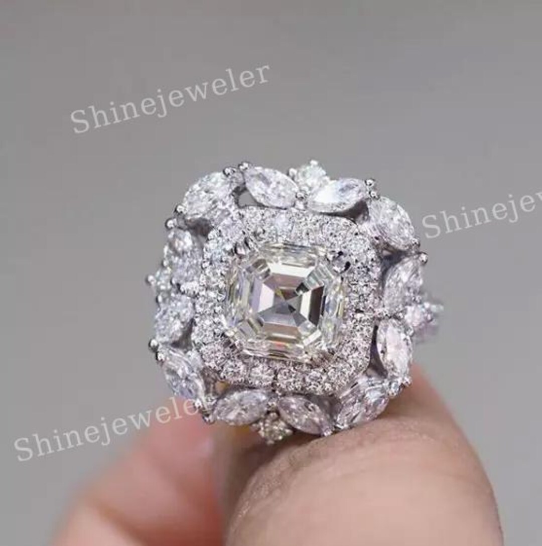 Art Deco 2.00ct Asscher Cut Halo Moissanite Engagement Ring - Etsy