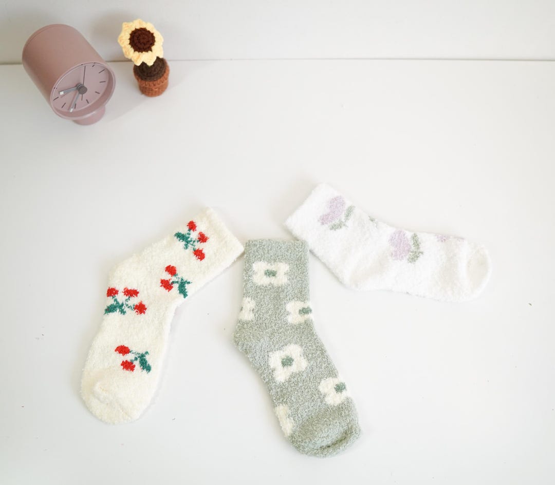 Buy Cute Cherry Daisy Floral Fuzzy Socks Winter Must Have Cozy /lounge ...