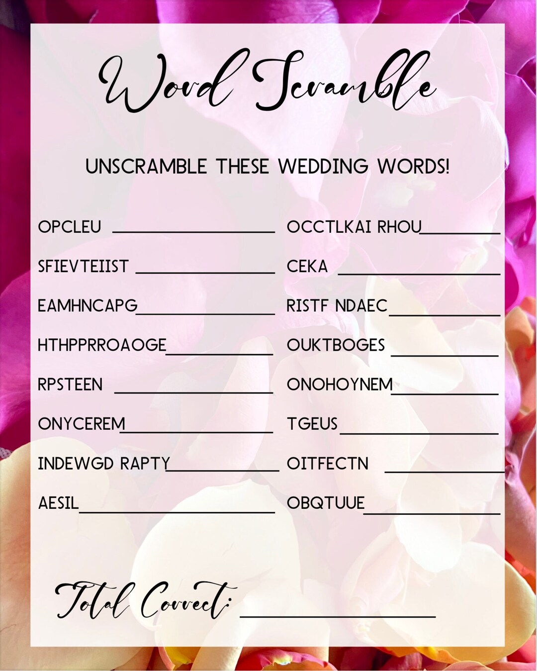 Floral Wedding Shower Word Scramble Printable Game - Etsy