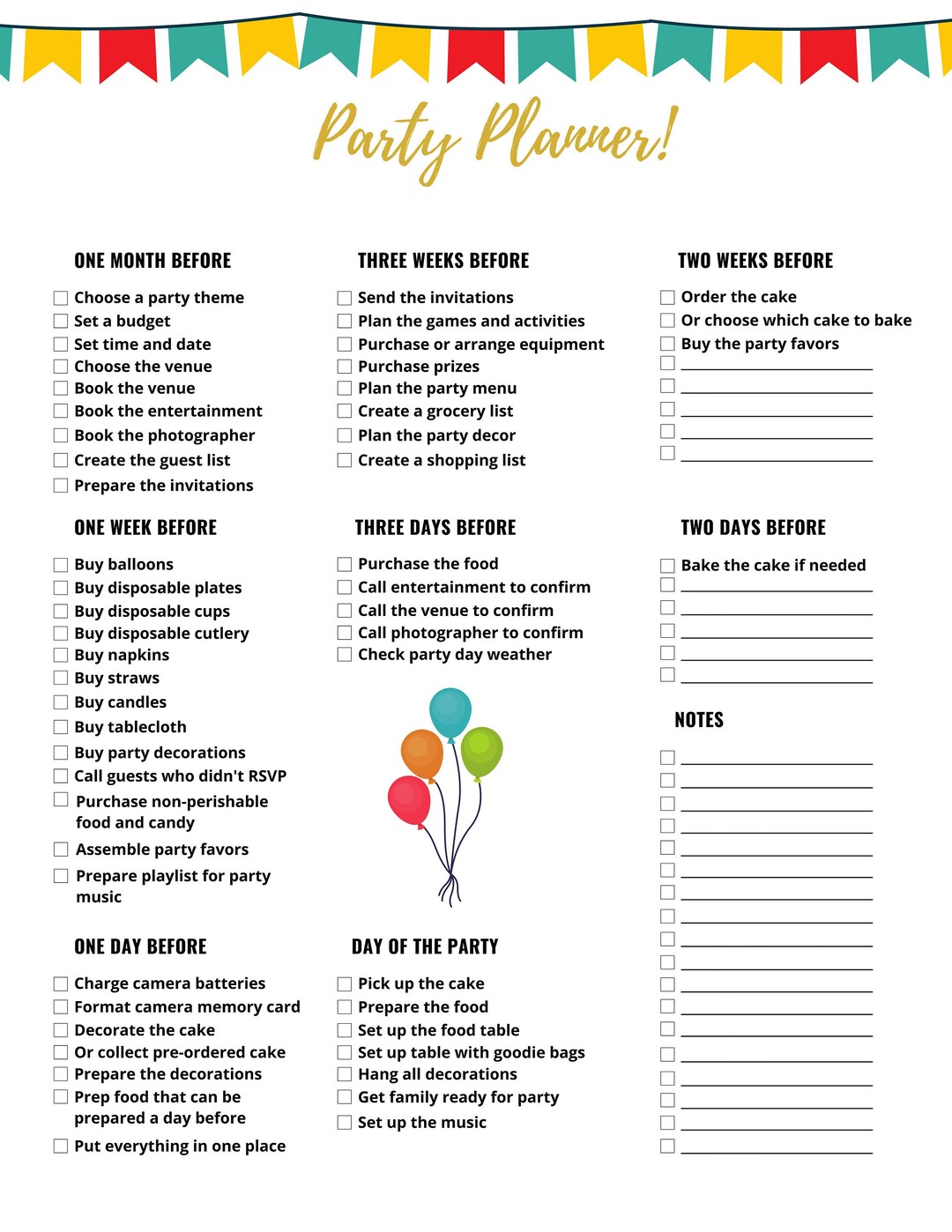 Printable Party Planner: One-page Event Checklist (digital Download) - Etsy