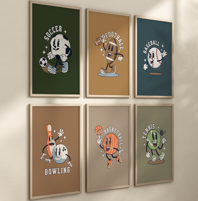 Retro Sport Mascots Nursery Prints Set 6 Boys Room Wall Decor, Toddler ...