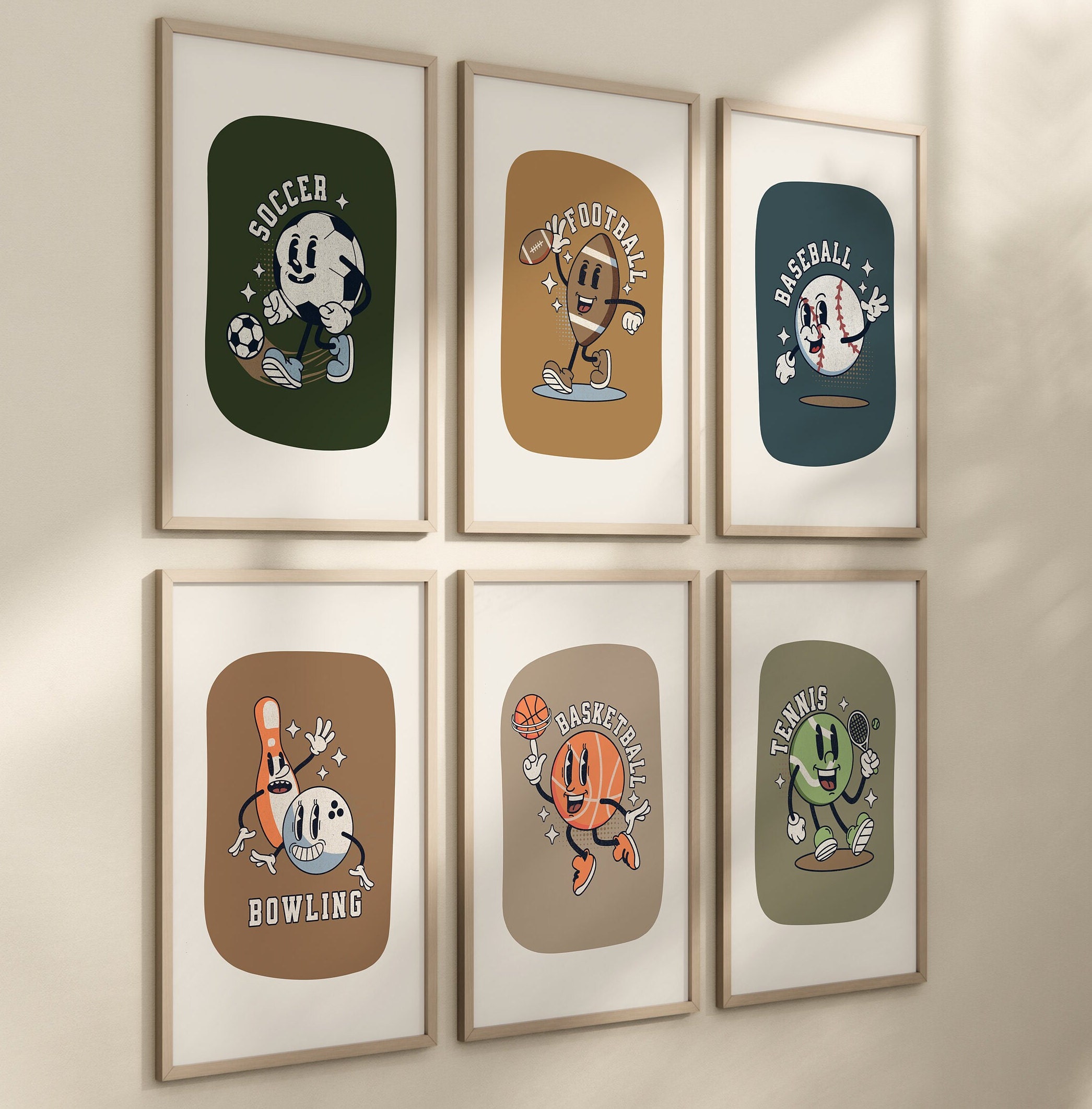 Retro Sport Mascots Nursery Prints Set 6 Boys Room Wall Decor, Toddler ...