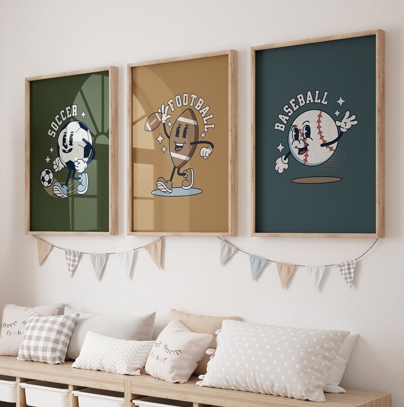 Retro Sport Mascots Nursery Prints Set 6 Boys Room Wall Decor, Toddler ...