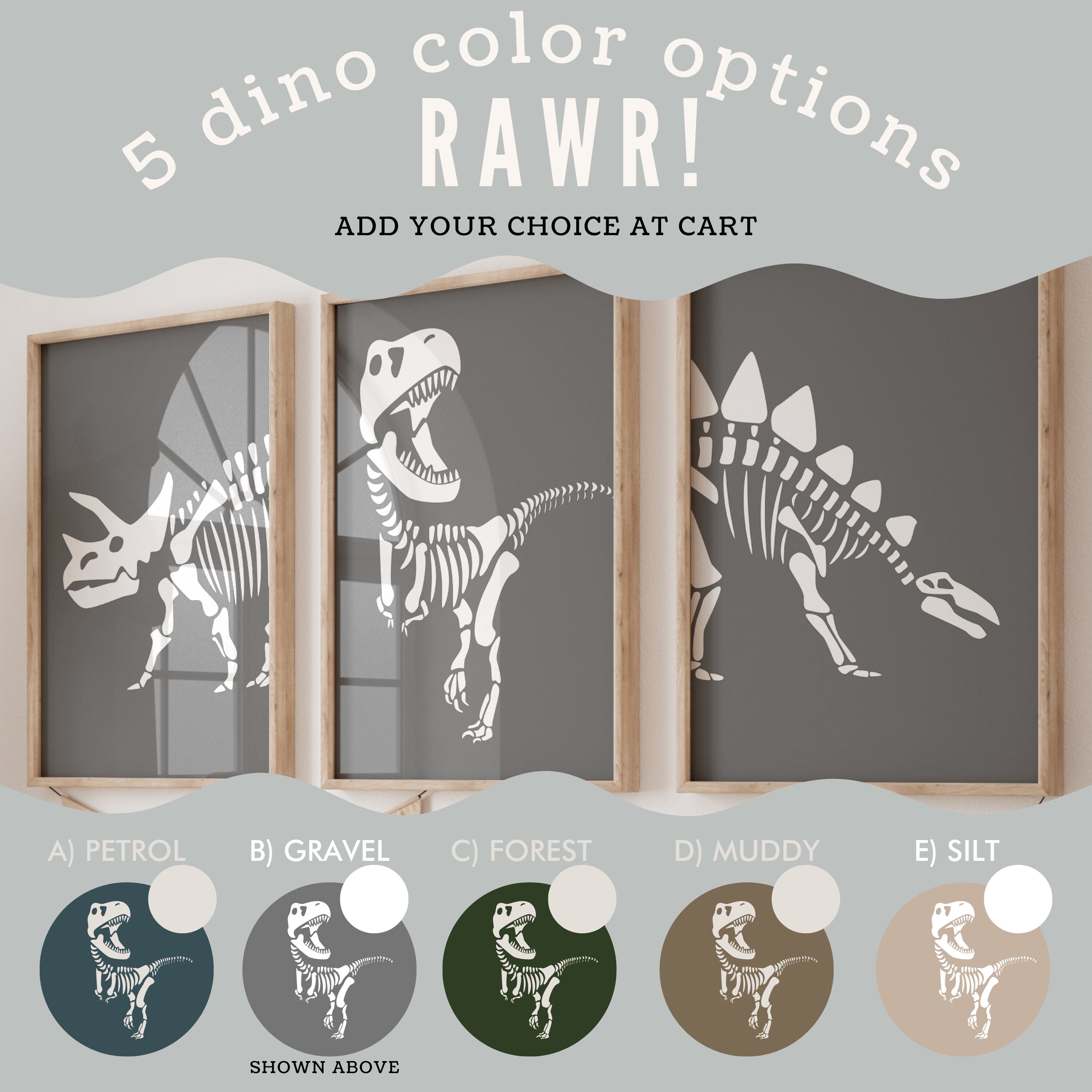 Dinosaur Skeleton Nursery Prints Set 3 Toddler Boys Room Wall Decor, T ...