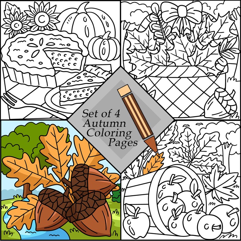 Printable Colouring Pages Autumn and Holidays Set of 4 PNG Digital ...