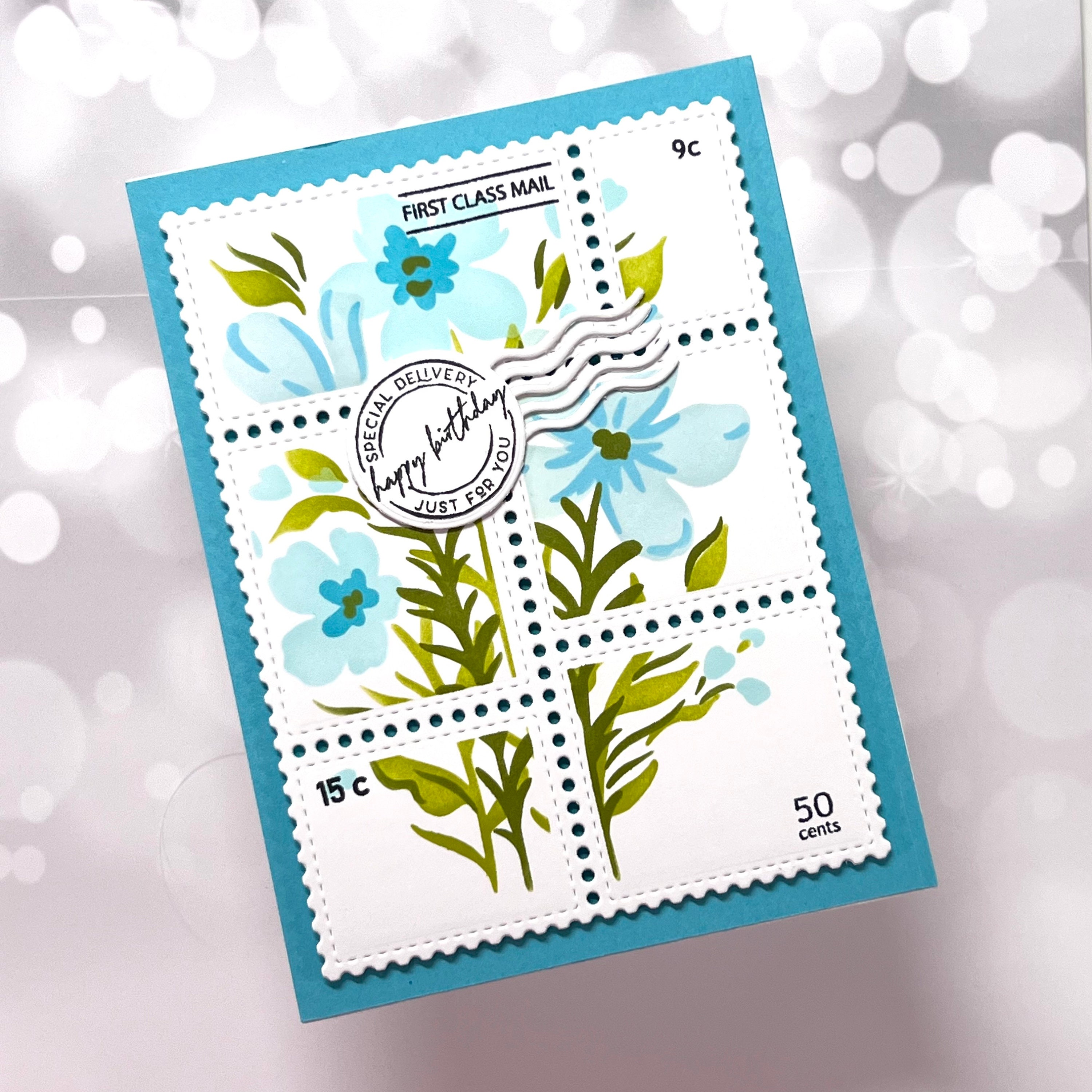 Birthday Card, Postage Collage Design, Blue Florals, Handmade, Unique ...