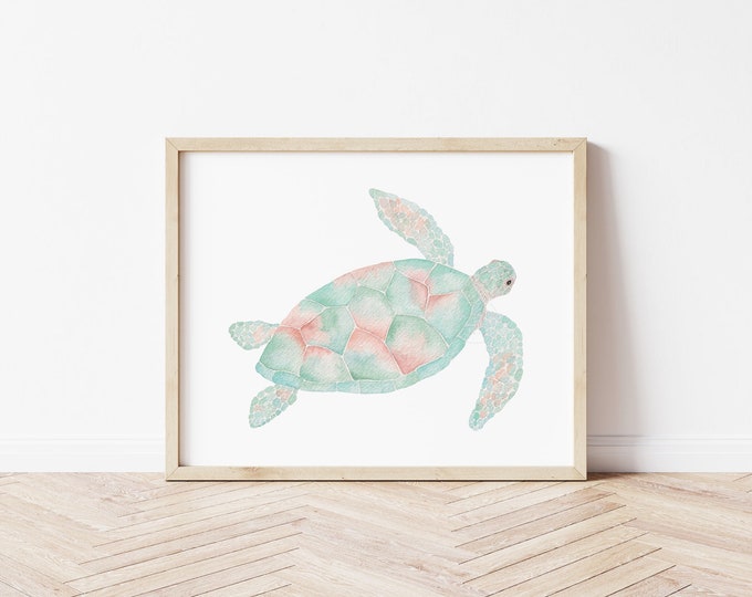 Pink Boho Sea Turtle Wall Art Print, Pastel Turtle Poster, Marine ...