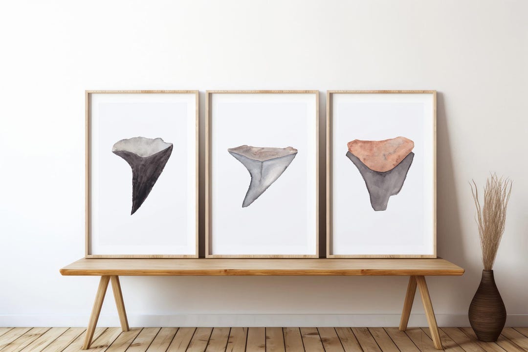 Set of 3 Shark Teeth Wall Art Nautical Artwork Hand-painted Watercolor ...
