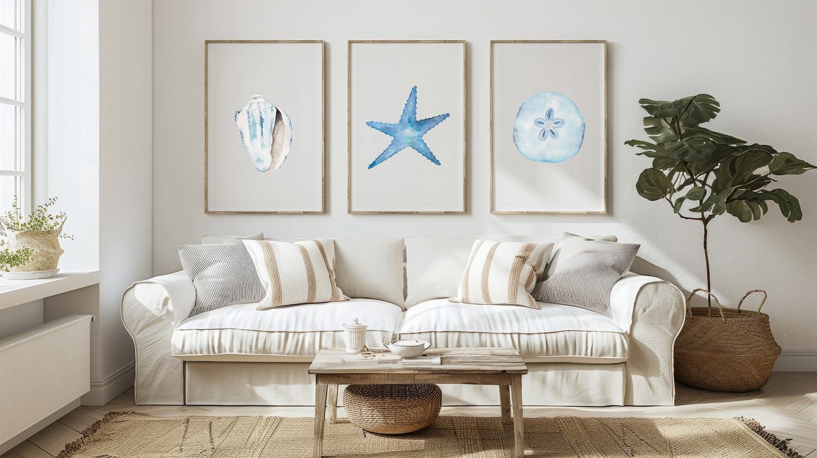 Blue Shell Wall Decor, Set of 3 Art Prints, Conch Shell, Starfish, Sand ...