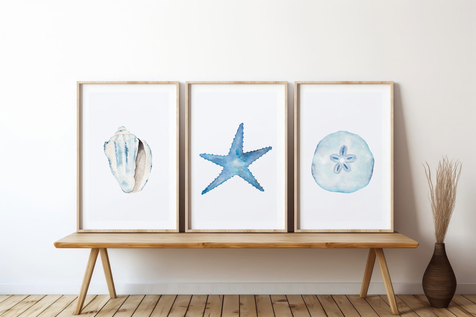 Blue Shell Wall Decor, Set of 3 Art Prints, Conch Shell, Starfish, Sand ...