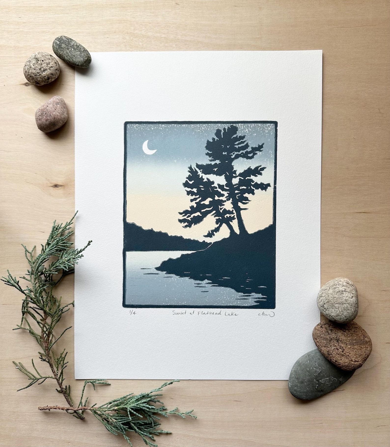 Sunset at Flathead Lake | Original Linocut Block Print | Reduction ...